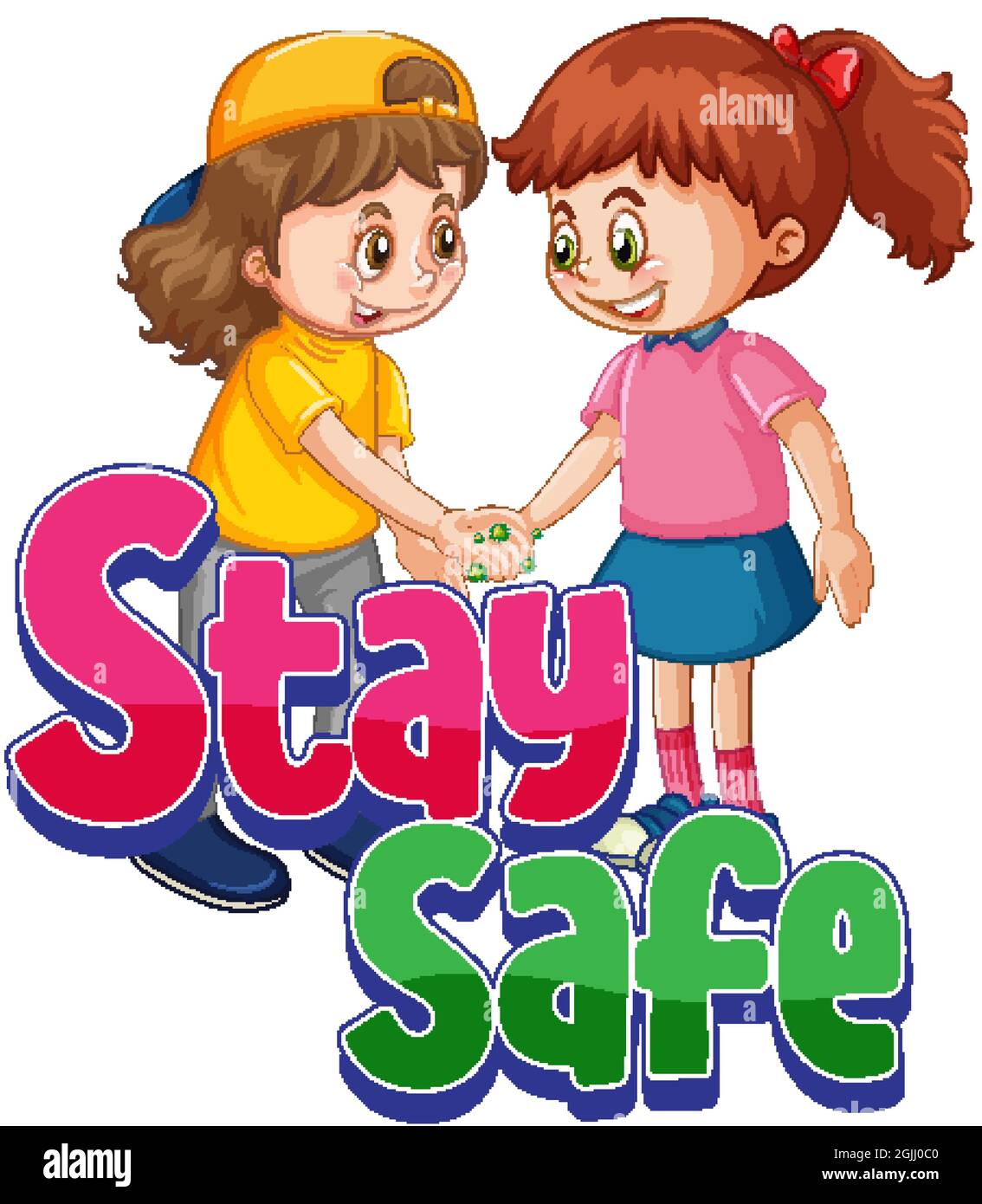 Stay Safe font in cartoon style with two kids do not keep social ...