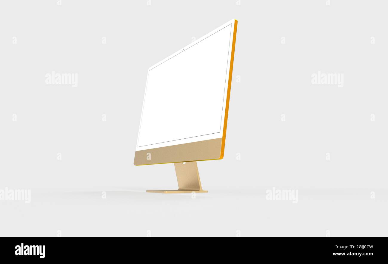 3D rendering of a yellow computer monitor with copy space on white ...