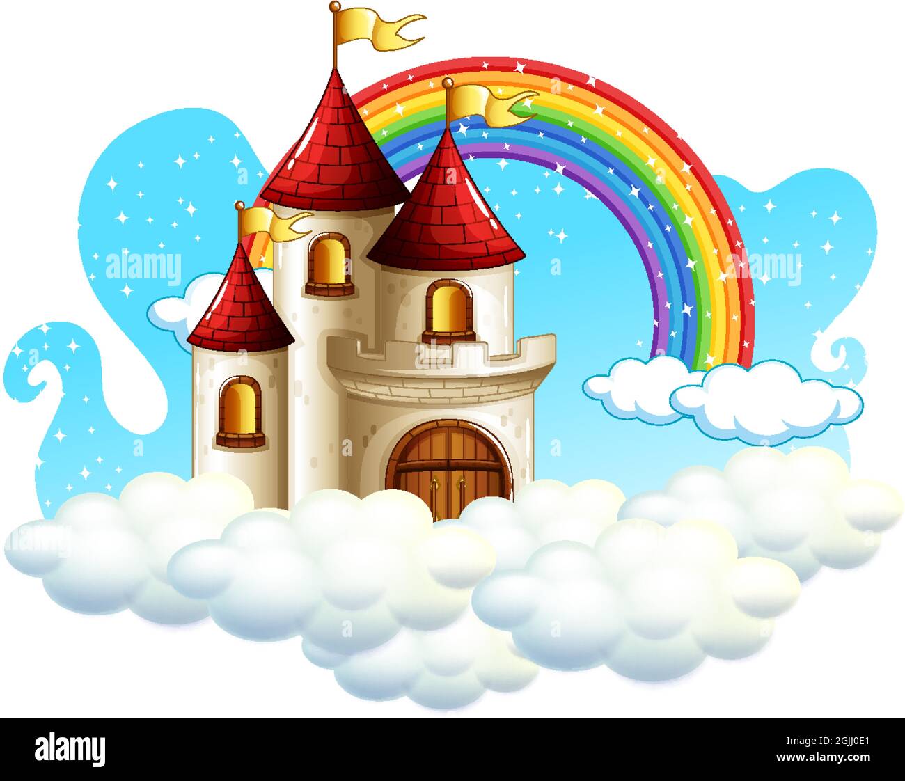 Castle with rainbow on the cloud isolated on white background ...