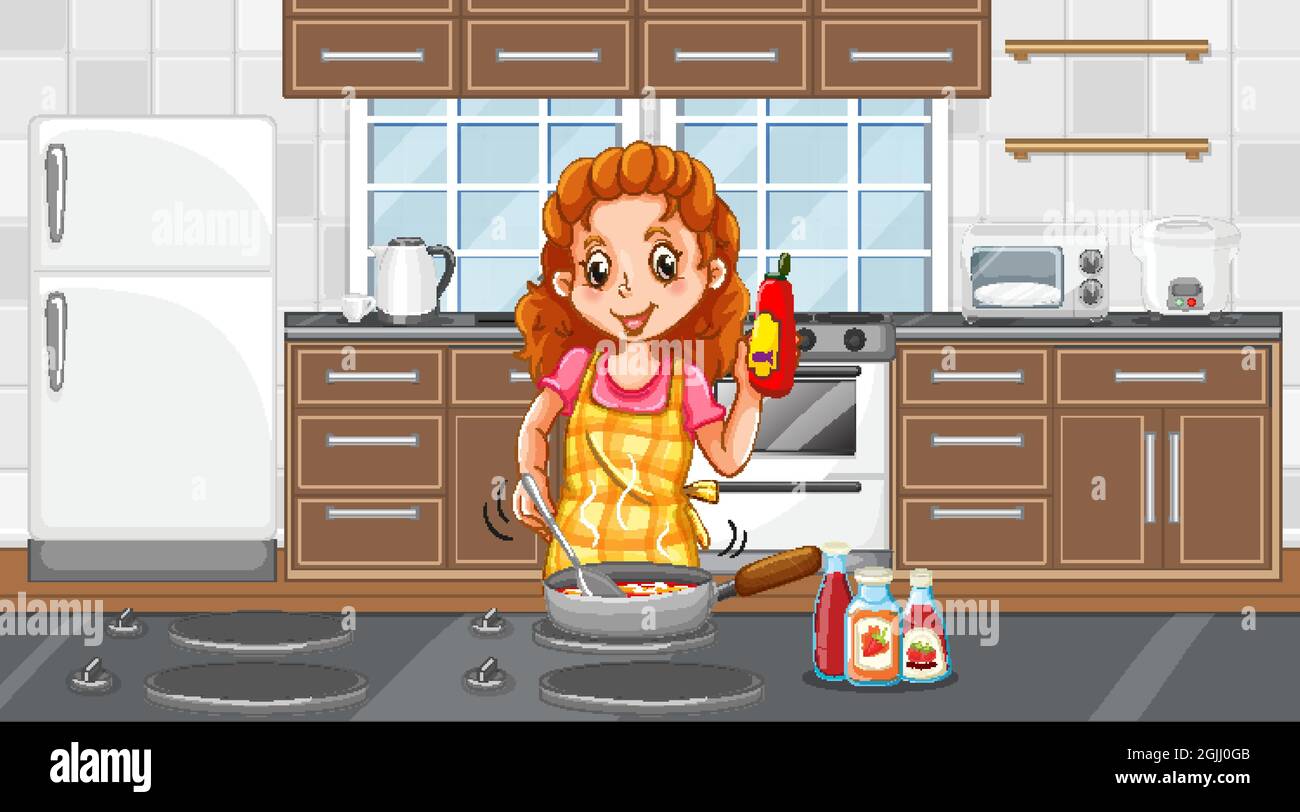 A happy woman cooking in the kitchen scene illustration Stock Vector ...