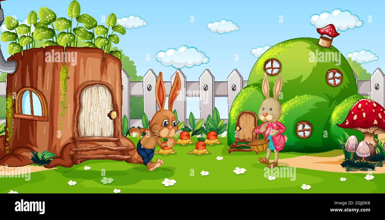 Garden scene with rabbit family cartoon character illustration Stock ...