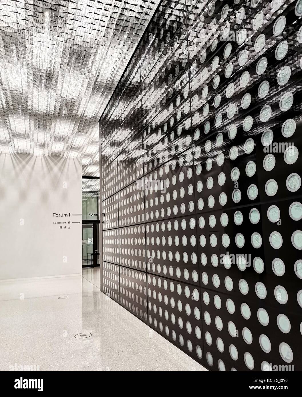 Interactive exhibitions centre hall with geometric wall pattern and ...