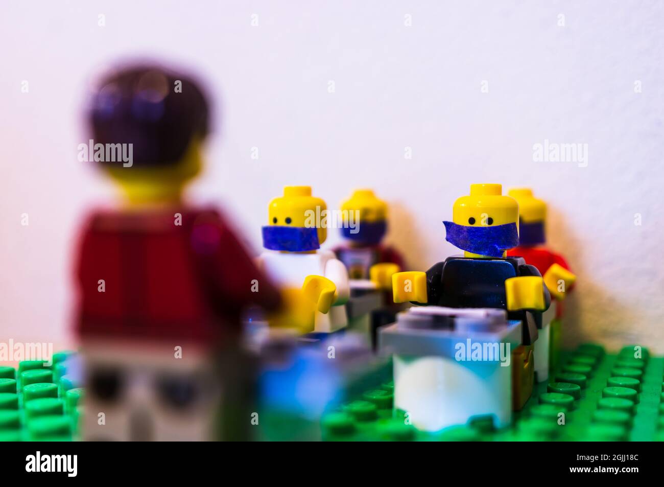 POZNAN, POLAND - May 15, 2020: A group of Lego figurines wearing face ...