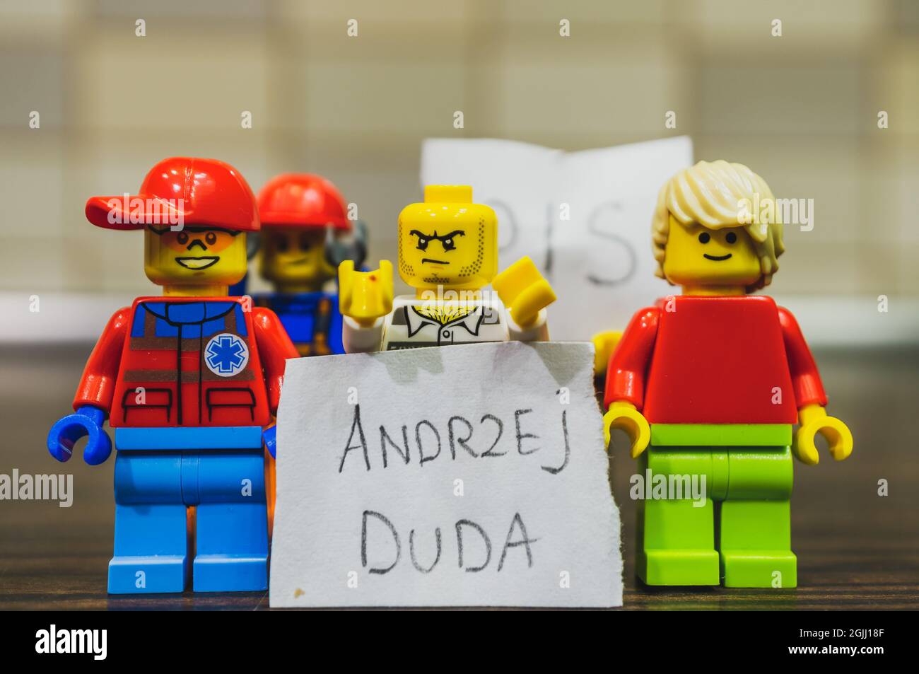POZNAN, POLAND - May 14, 2020: A group of Lego figurines having a ...