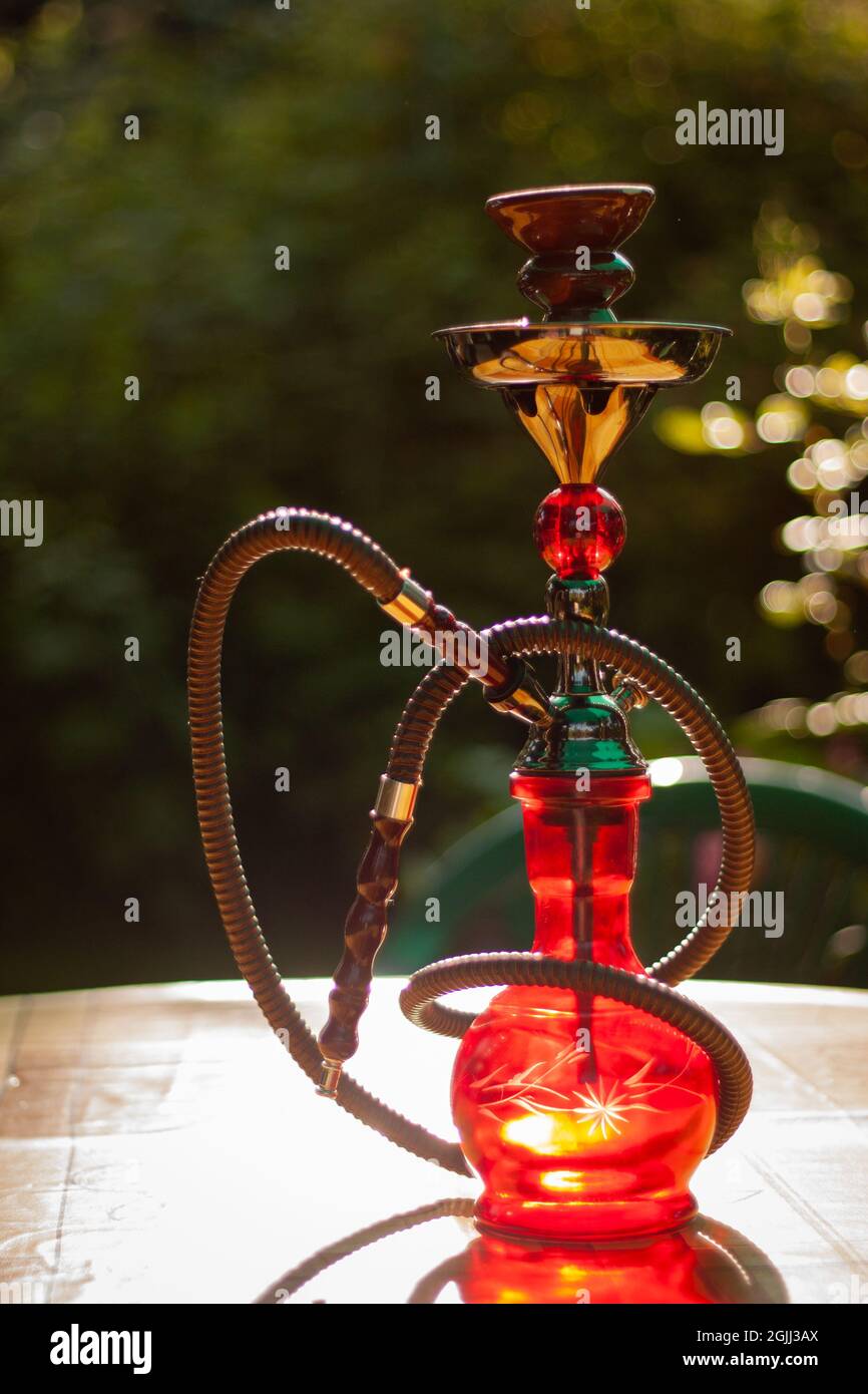 Closeup of glass red waterpipe illuminated with light | Beautiful red ...