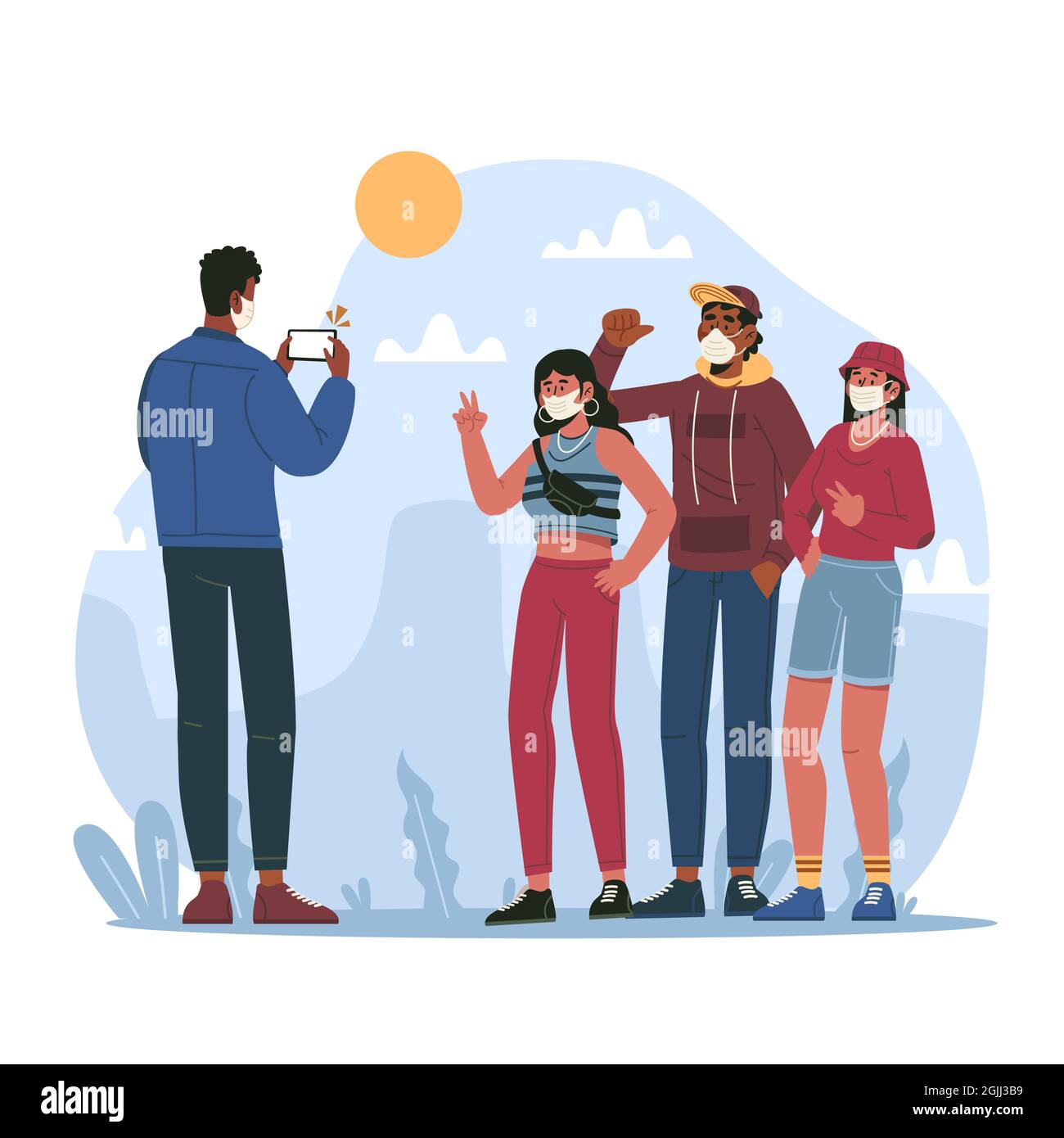 Hand drawn illustration of people taking photos with smartphone Vector ...