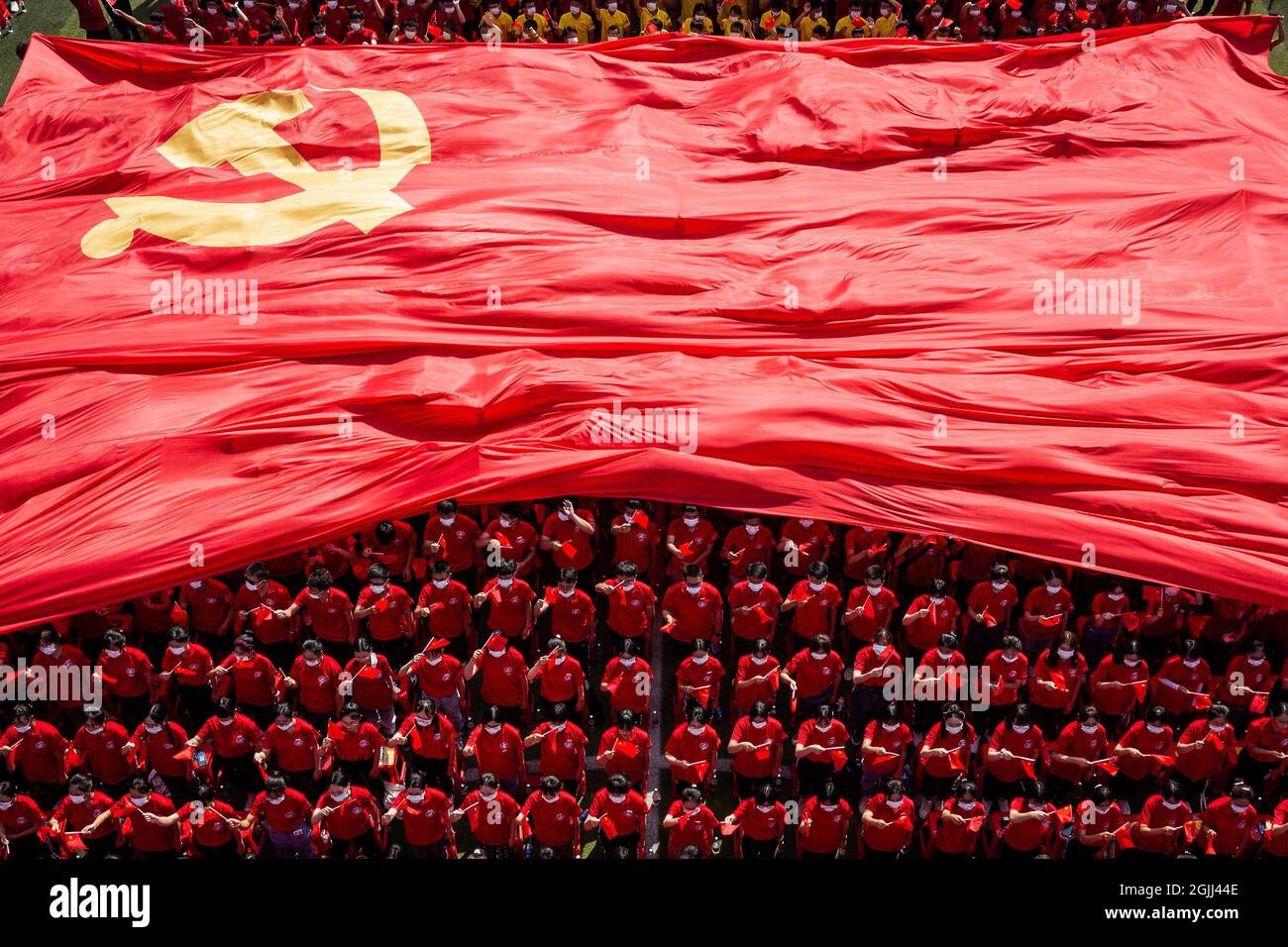 (EDITOR'S NOTE: Image taken with a drone)Freshmen hold a large ...