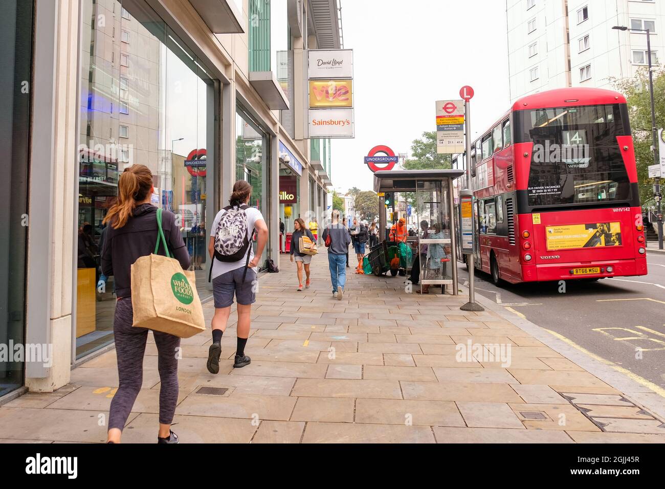 London, September 2021: Fulham Broadway shopping street scene in south ...