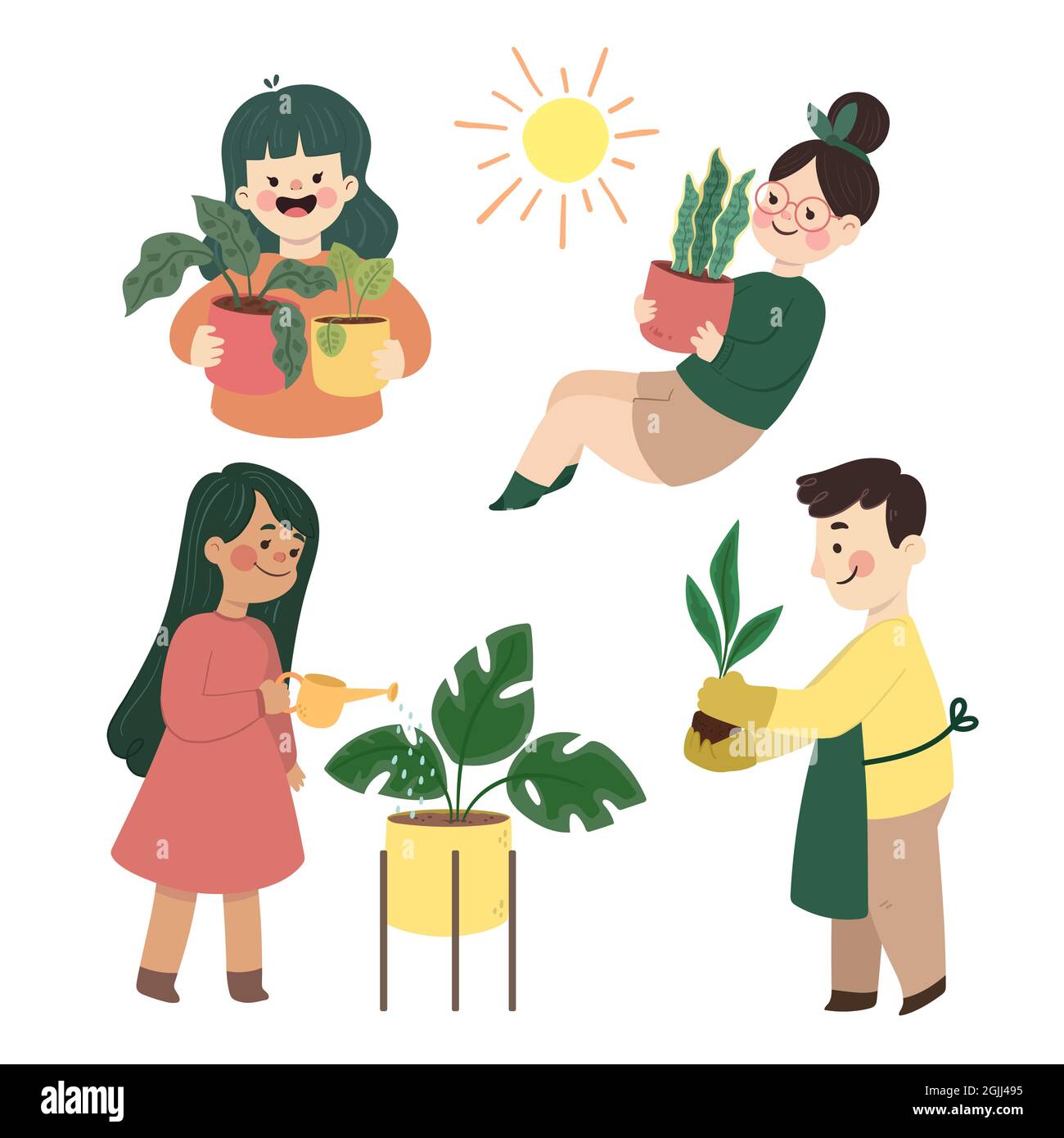 Flat people set taking care of plants Vector illustration Stock Vector ...