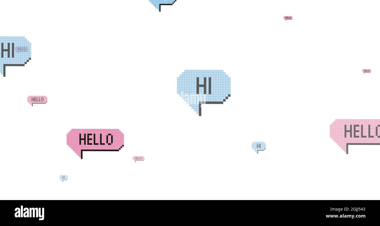 Image of multiple hi and hello text on vintage speech bubbles on white ...