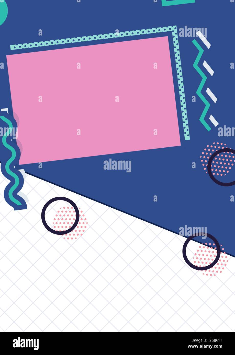 Composition of pink rectangle, geometric shapes and patterns on divided ...