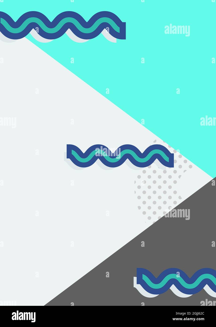 Composition of wave and dot patterns on diagonally divided blue and ...