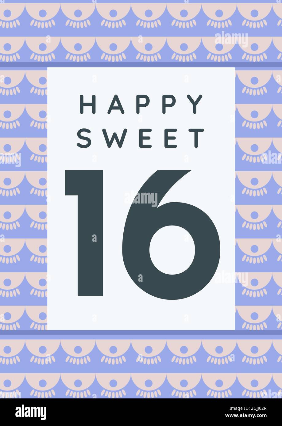 Composition of happy sweet 16 text, with repeated blue wave and dot ...
