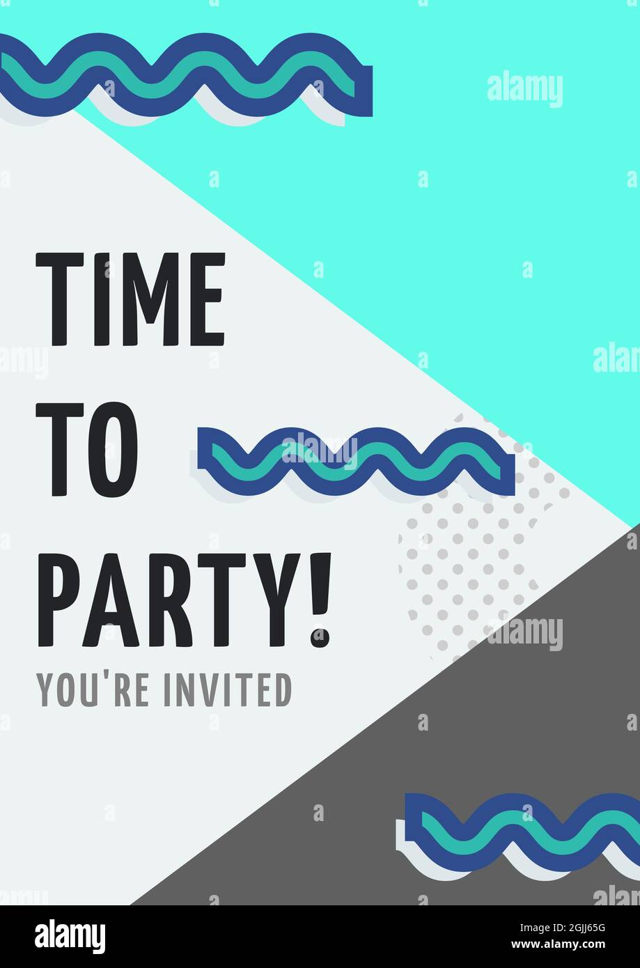 Composition of time to party text and message with dots and waves, on ...