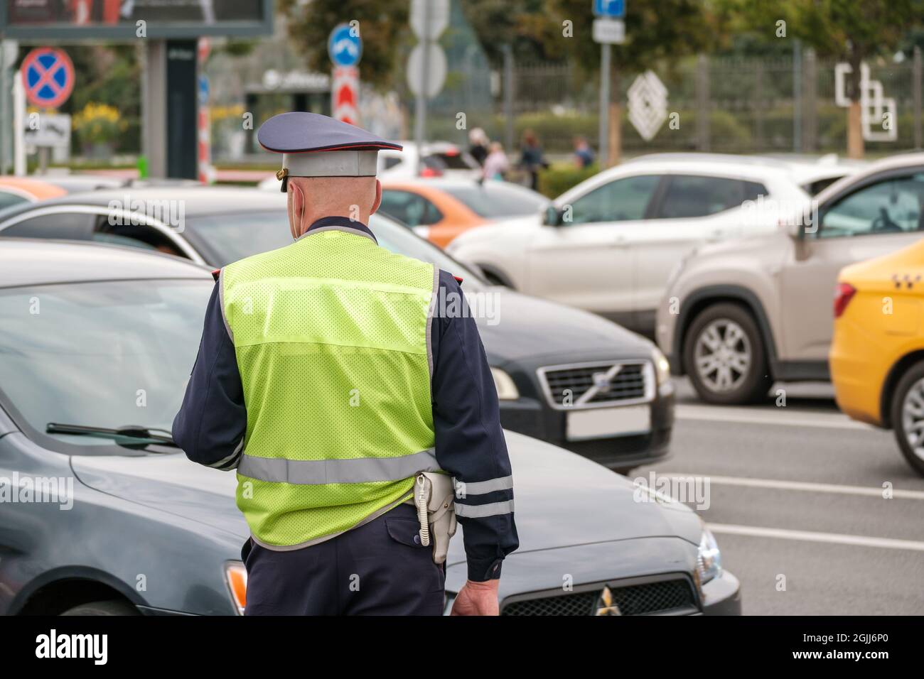 Moscow - September 12, 2020: Traffic police officer works on major ...