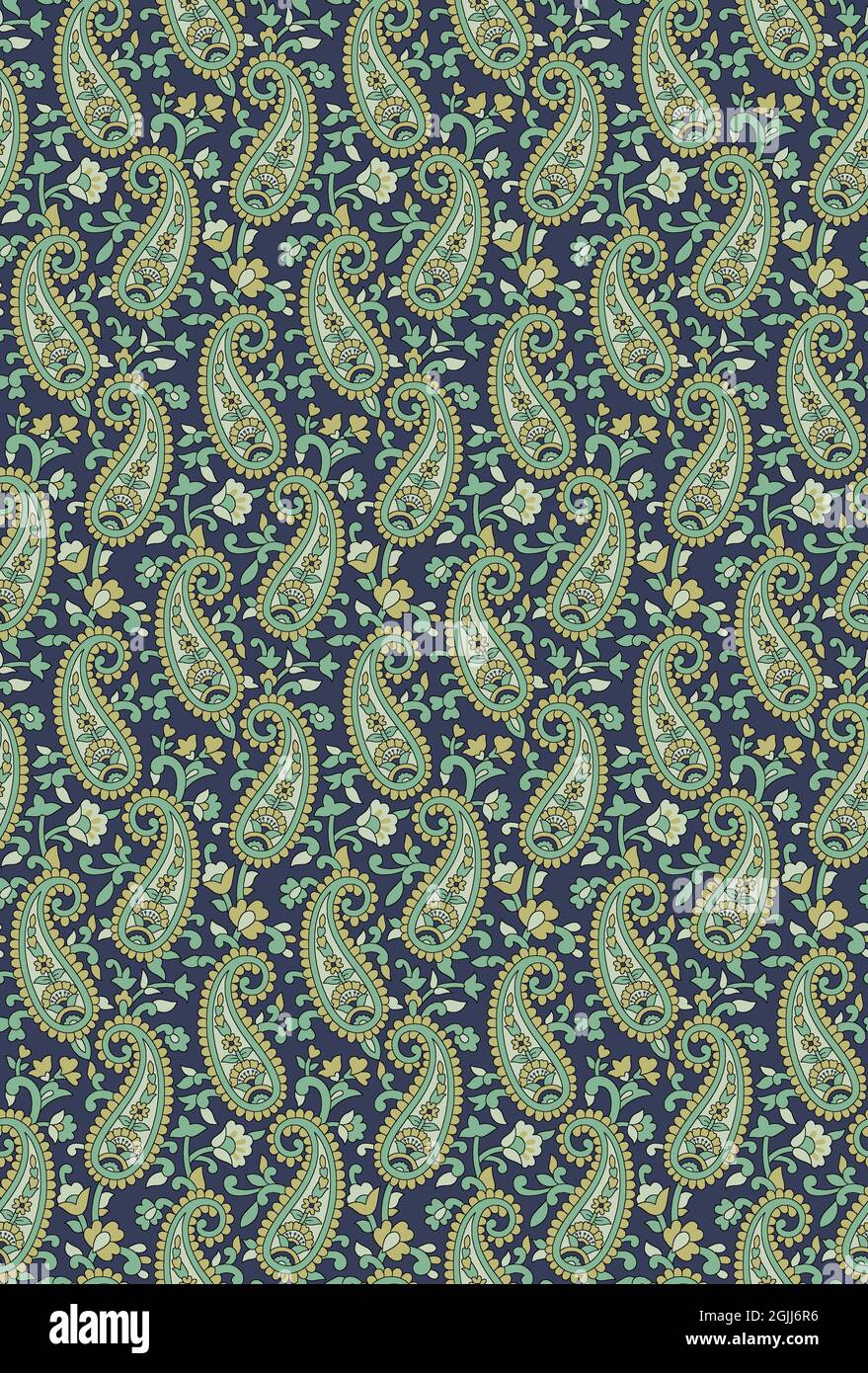 Seamless paisley pattern with teardrop-shaped elements in green tones ...
