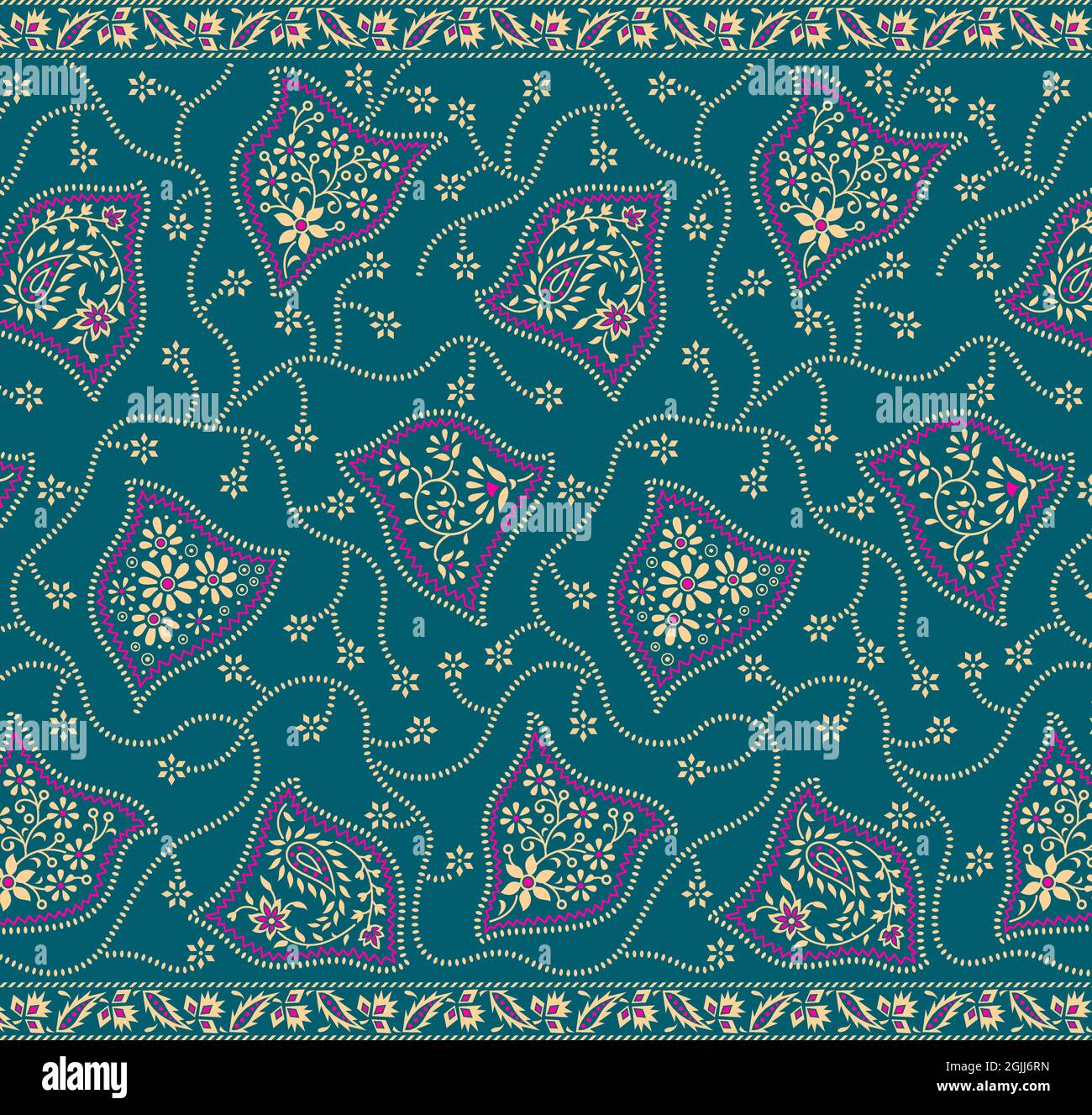 Eastern paisley pattern with floral elements in dark turquoise and ...