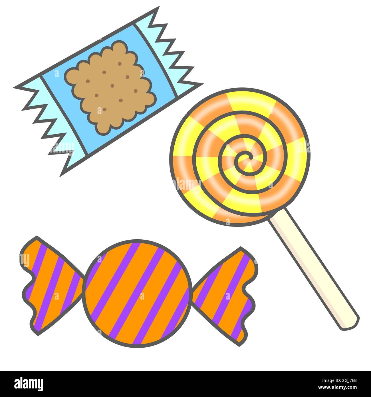 Three kinds of sweets. A biscuit,a lollipop and a piece of hard candy ...
