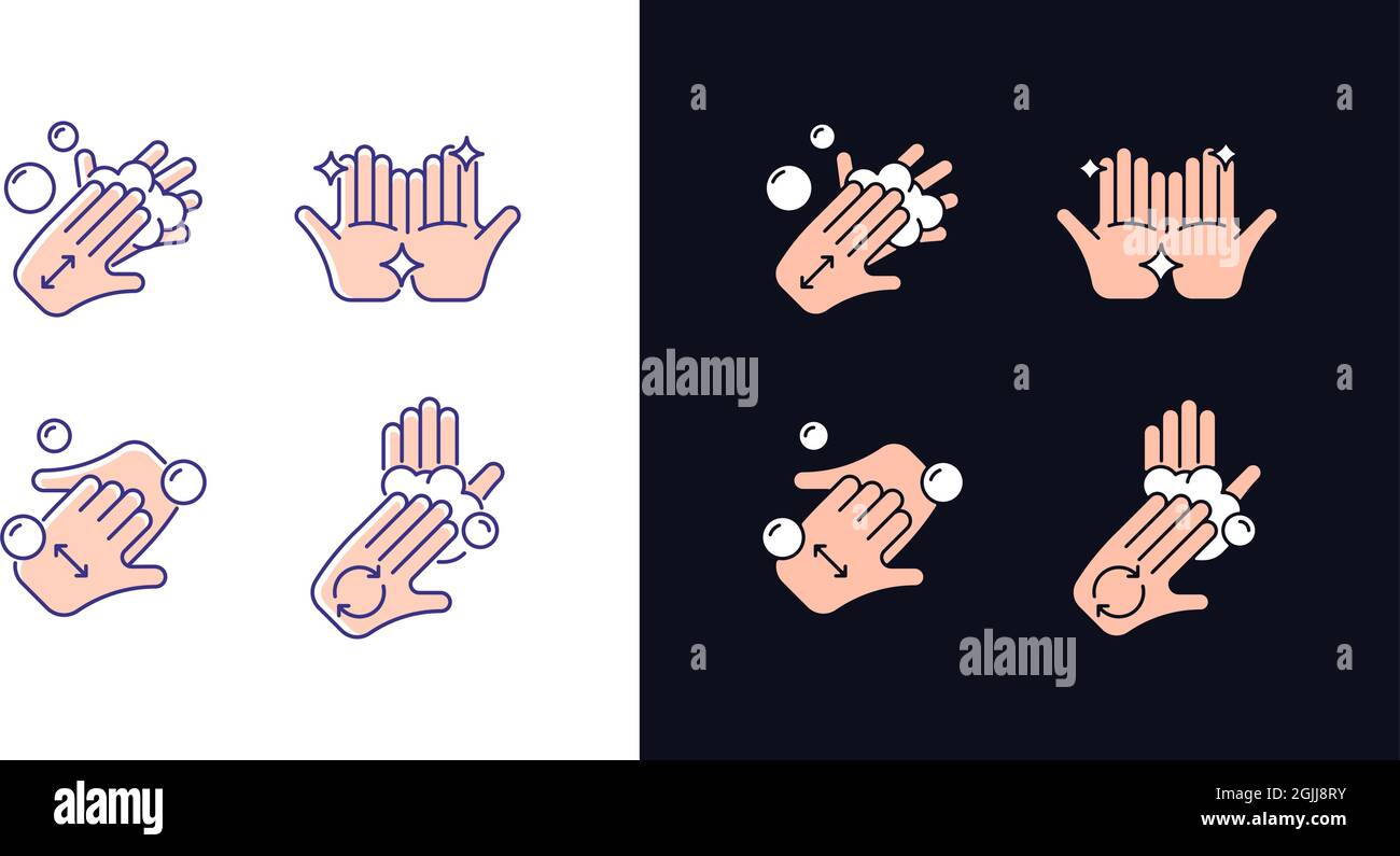 Washing hands instruction light and dark theme RGB color icons set ...