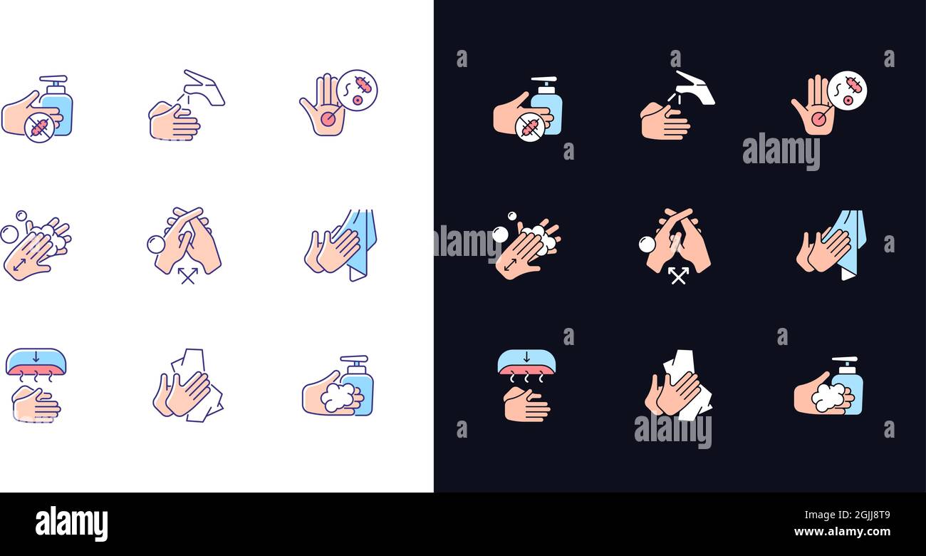 Hand washing steps light and dark theme RGB color icons set Stock ...