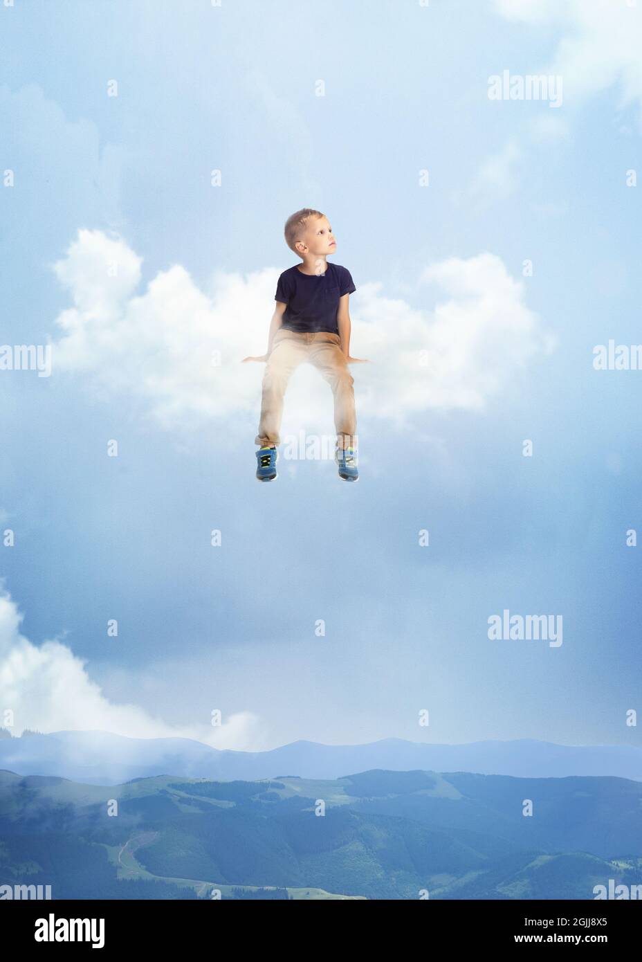Creative collage with little preschool boy sitting on white cloud and ...