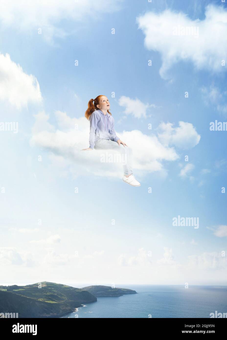 Conceptual collage with little beautiful girl sitting on white cloud ...