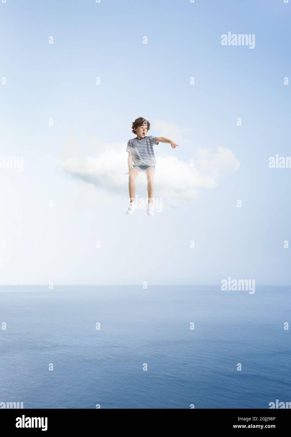 Creative collage with little preschool boy sitting on white cloud and ...