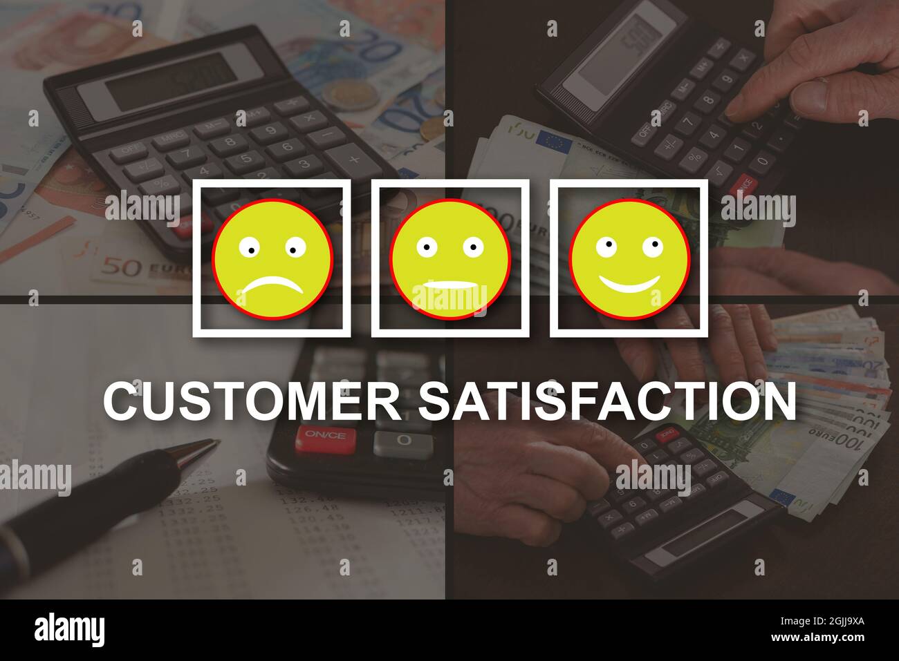 Customer satisfaction concept illustrated by pictures on background ...