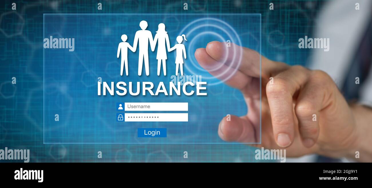 Man touching insurance concept on a touch screen with his finger Stock ...