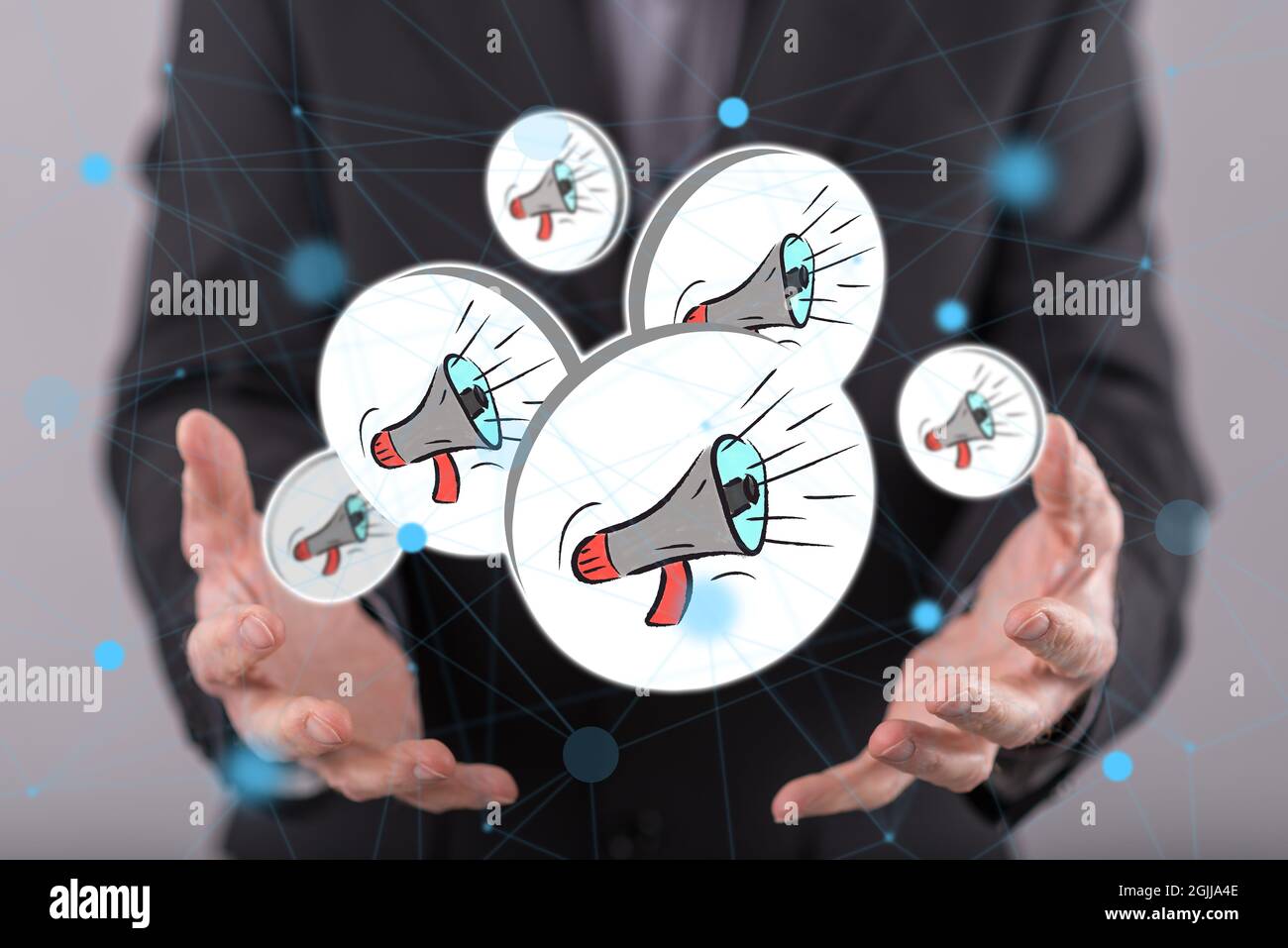 Communication concept above the hands of a man in background Stock ...