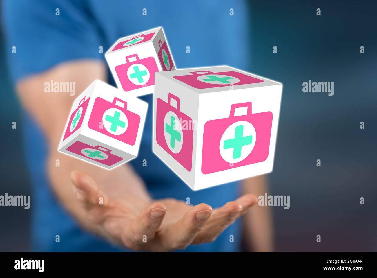 First aid concept above the hand of a man in background Stock Photo - Alamy