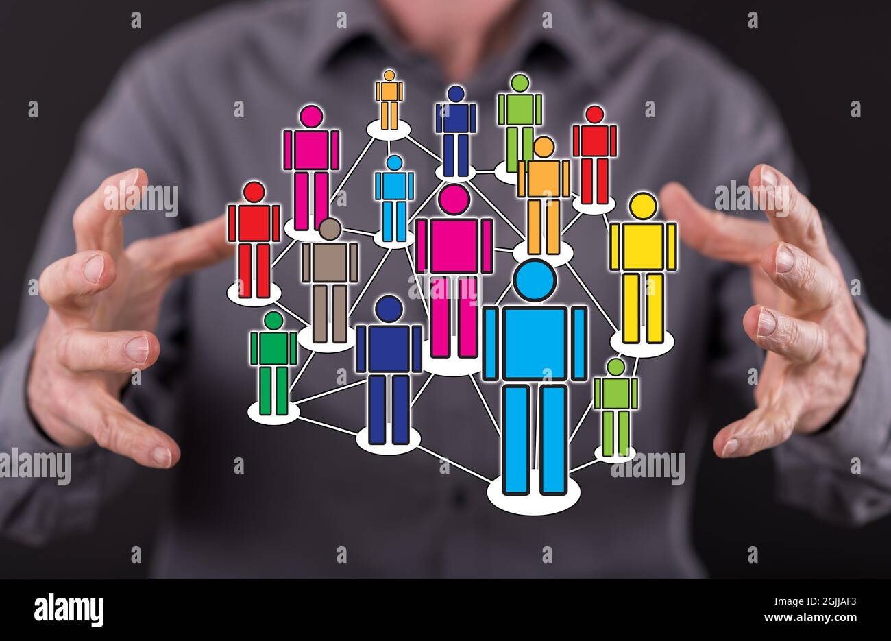 Social network concept between hands of a man in background Stock Photo ...