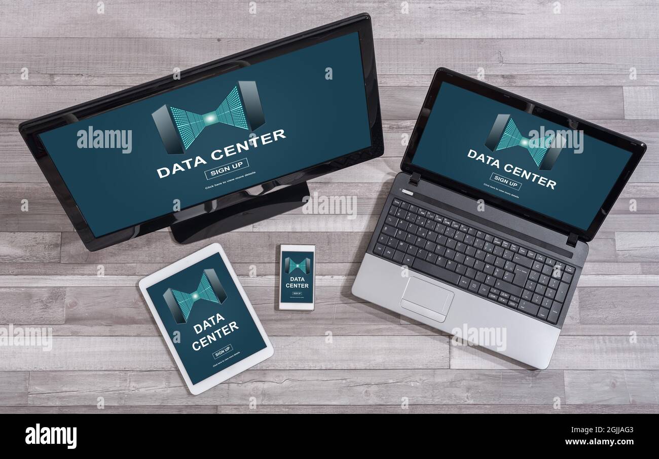 Data center concept shown on different information technology devices ...