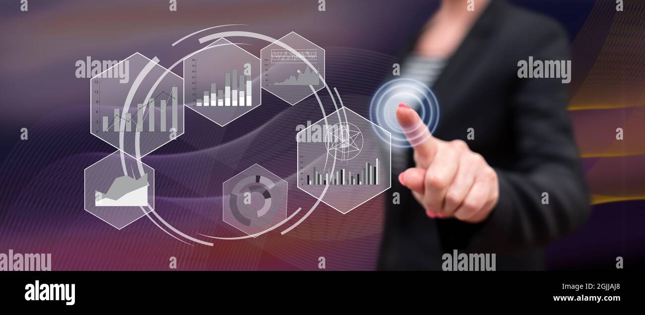 Woman touching a data analysis concept on a touch screen with her ...