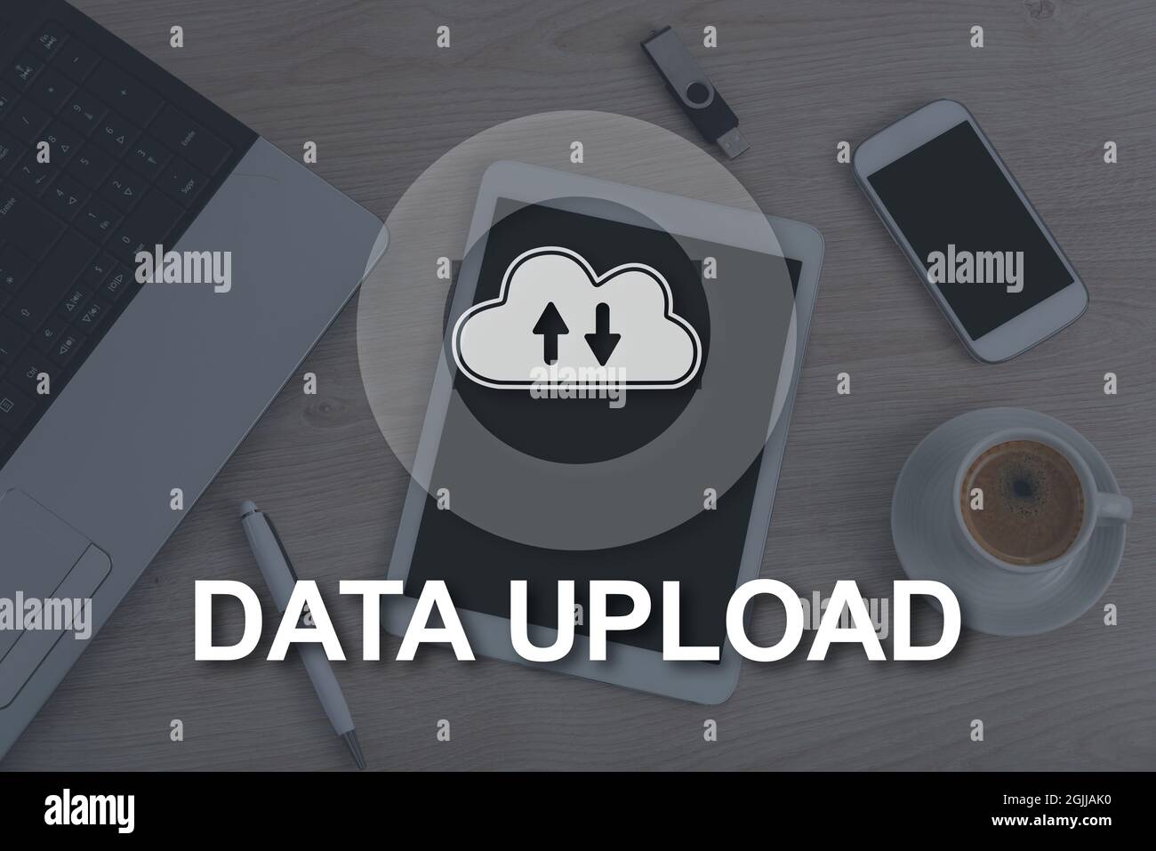 Data upload concept illustrated by a picture on background Stock Photo ...