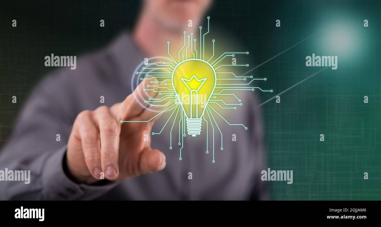 Man touching a technology innovation concept on a touch screen with his ...