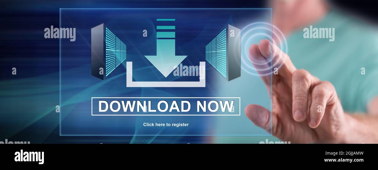 Man touching a download concept on a touch screen with his finger Stock ...