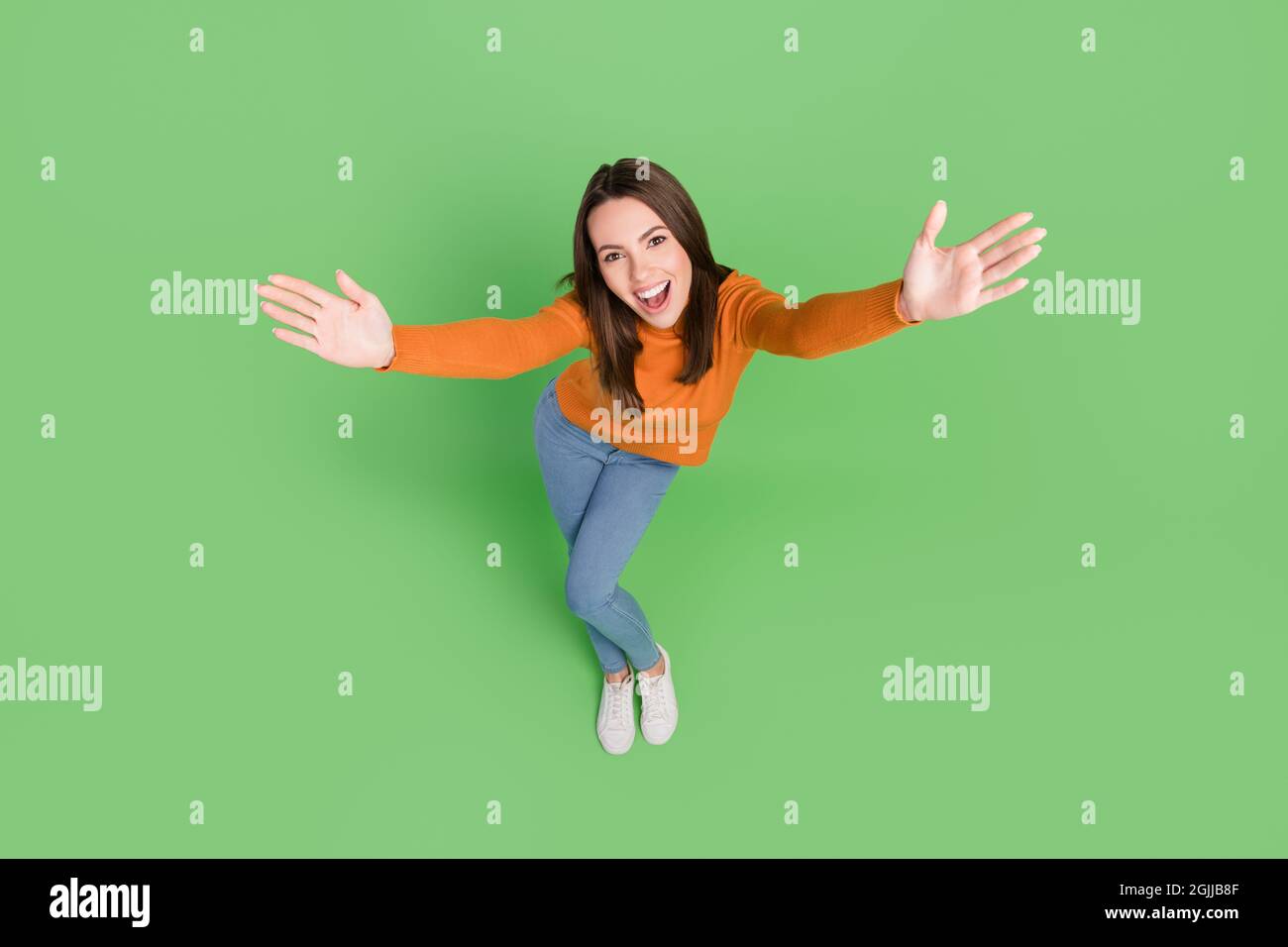 Top above high angle full length body size view of attractive cheerful ...