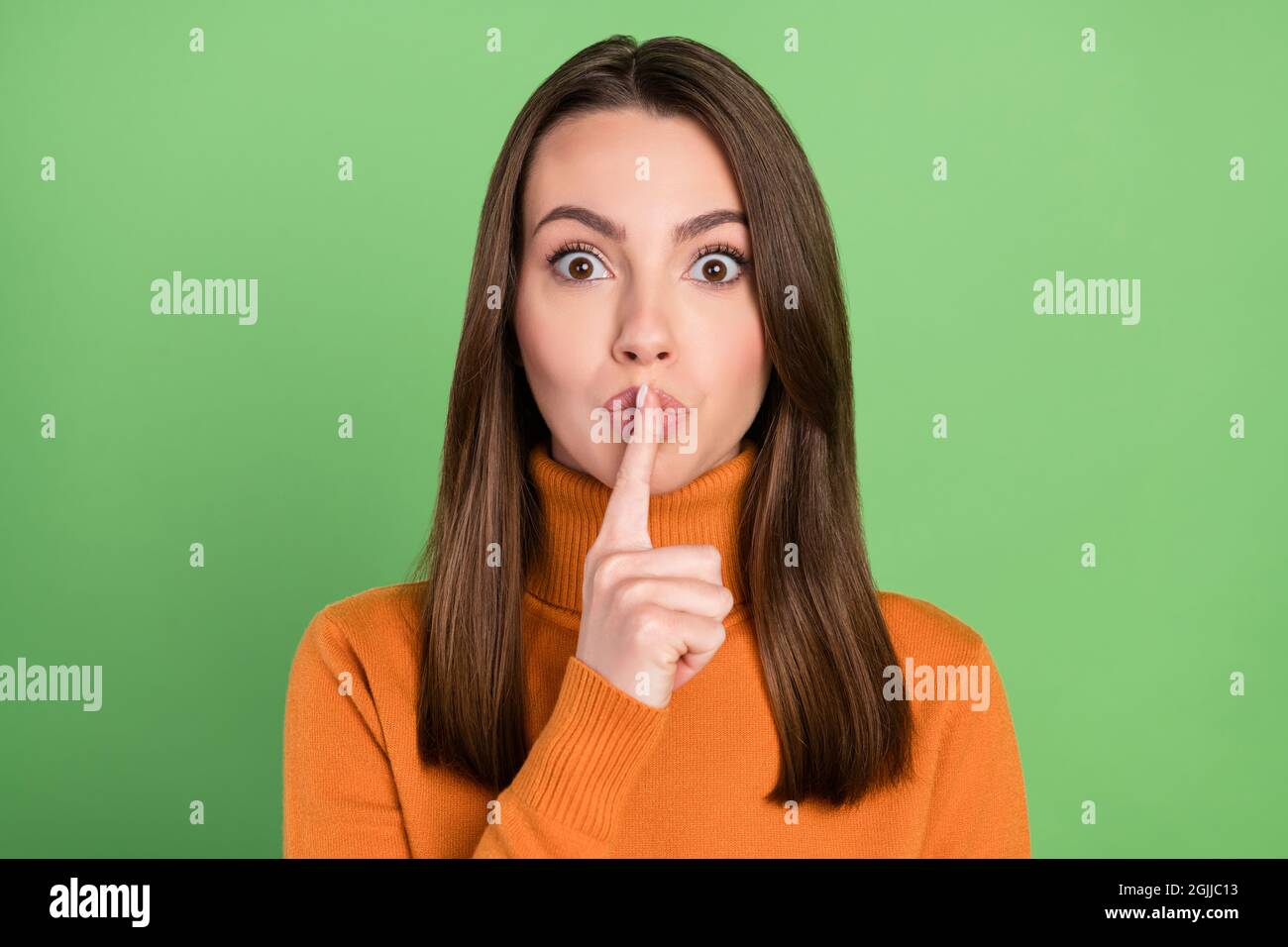 Photo portrait woman pouted lips touching lips keeping secret isolated ...