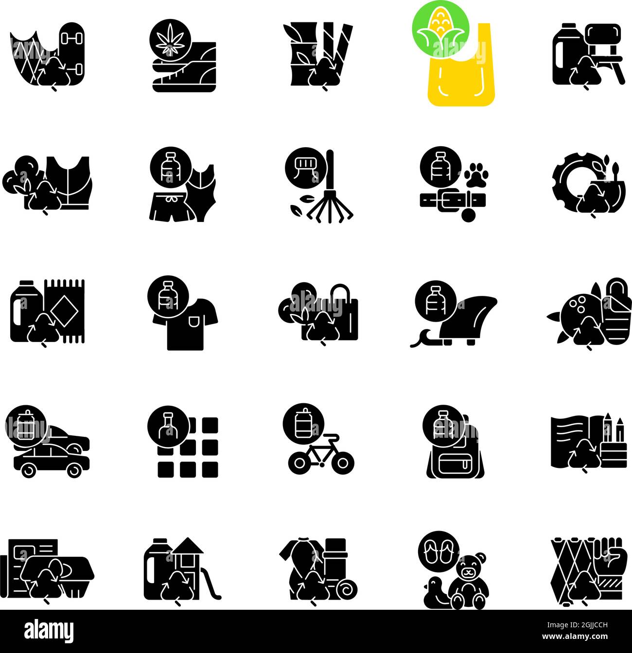 Recycled materials black glyph icons set on white space Stock Vector ...