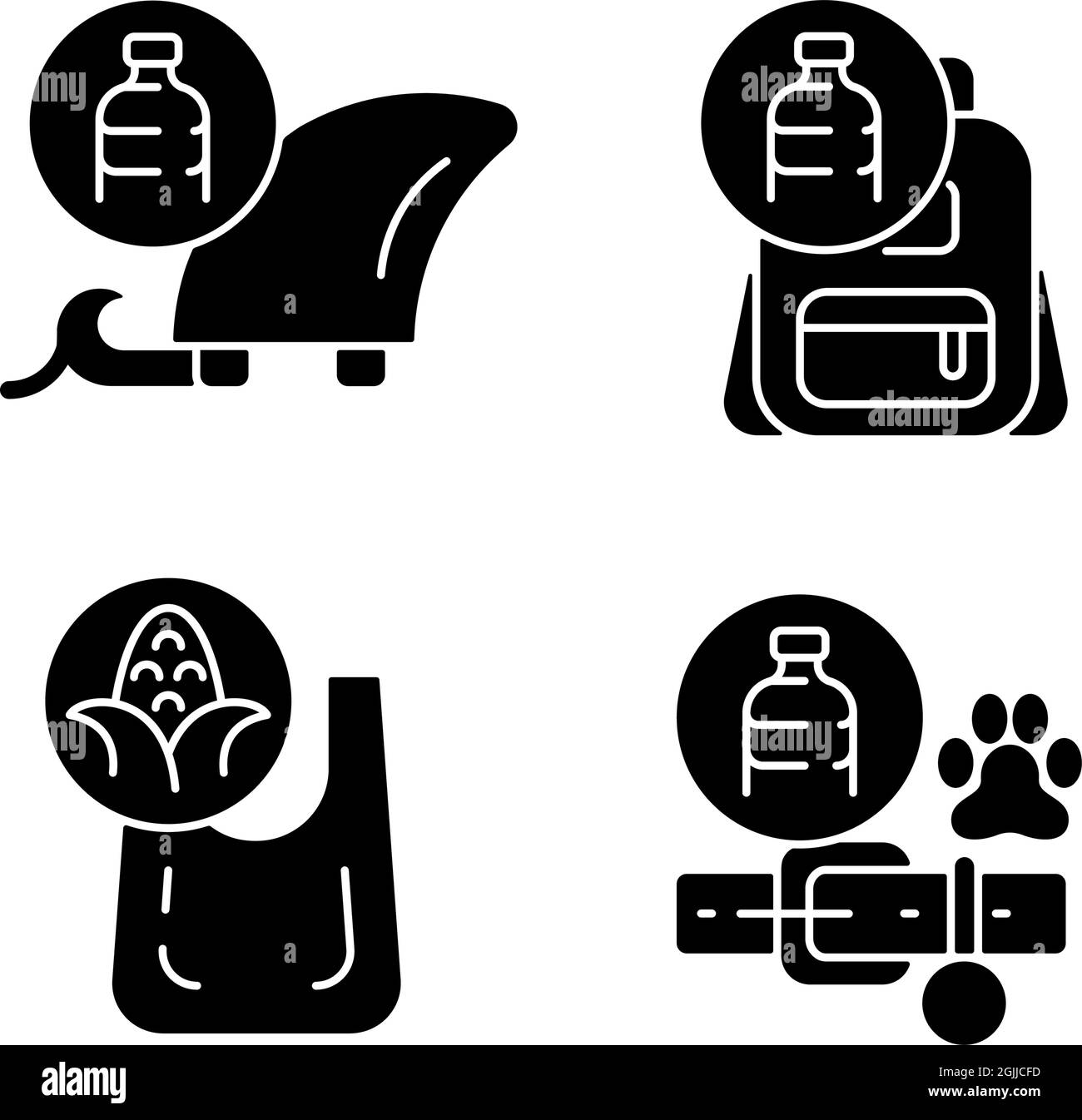 Products from recycled plastics black glyph icons set on white space ...