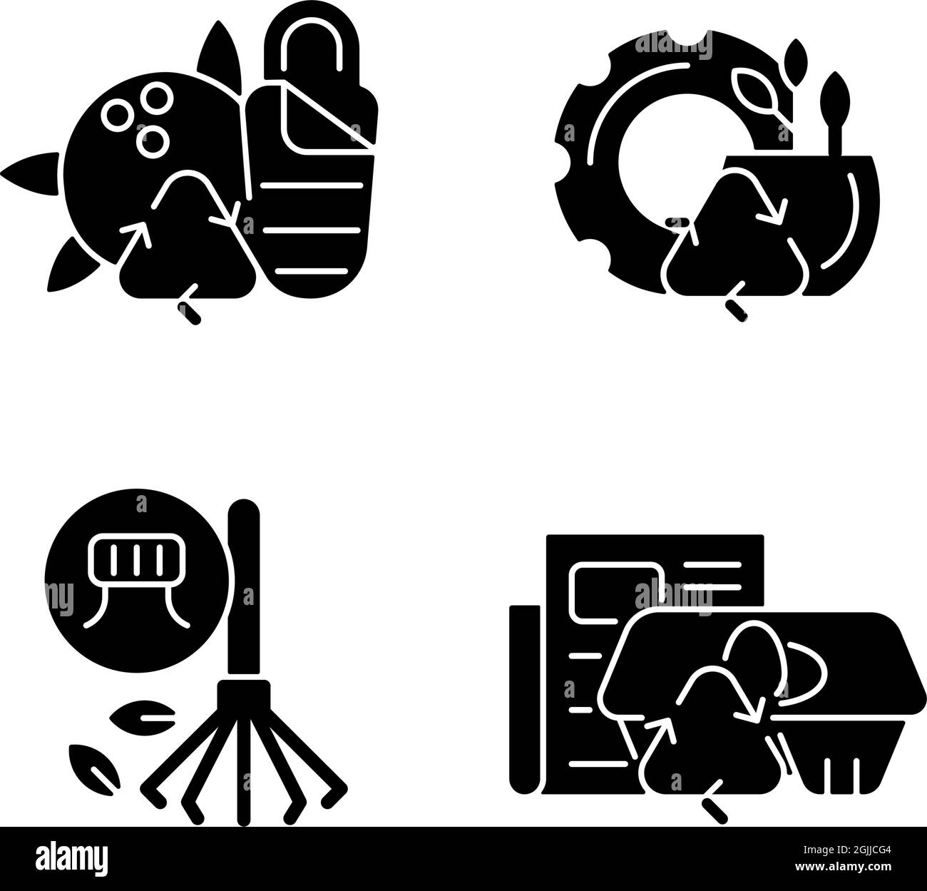 Processing recycled material black glyph icons set on white space Stock ...