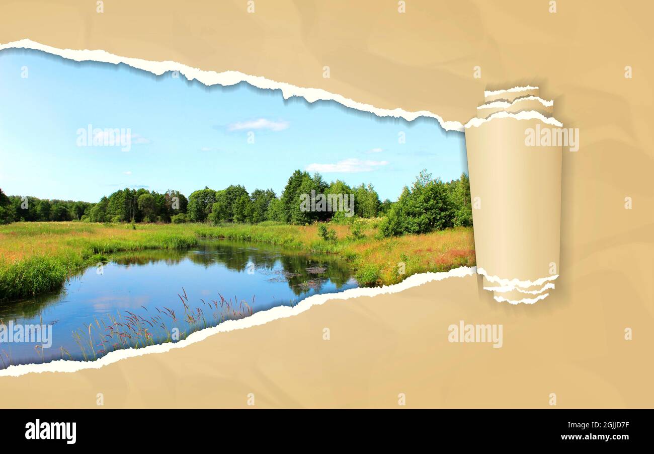 Torn paper with summer landscape in opening background Stock Photo - Alamy