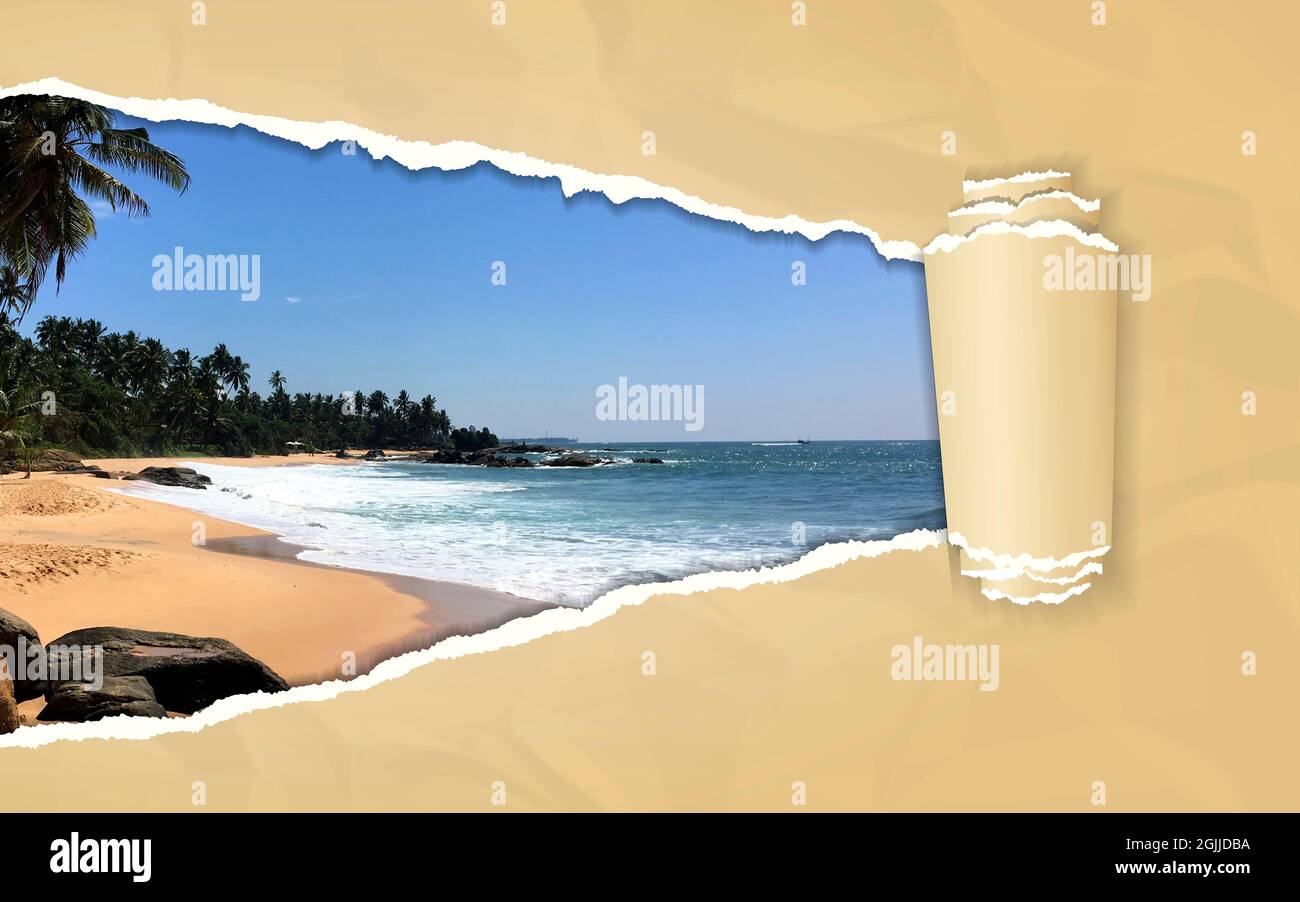 Torn paper with tropical beach in opening background Stock Photo - Alamy