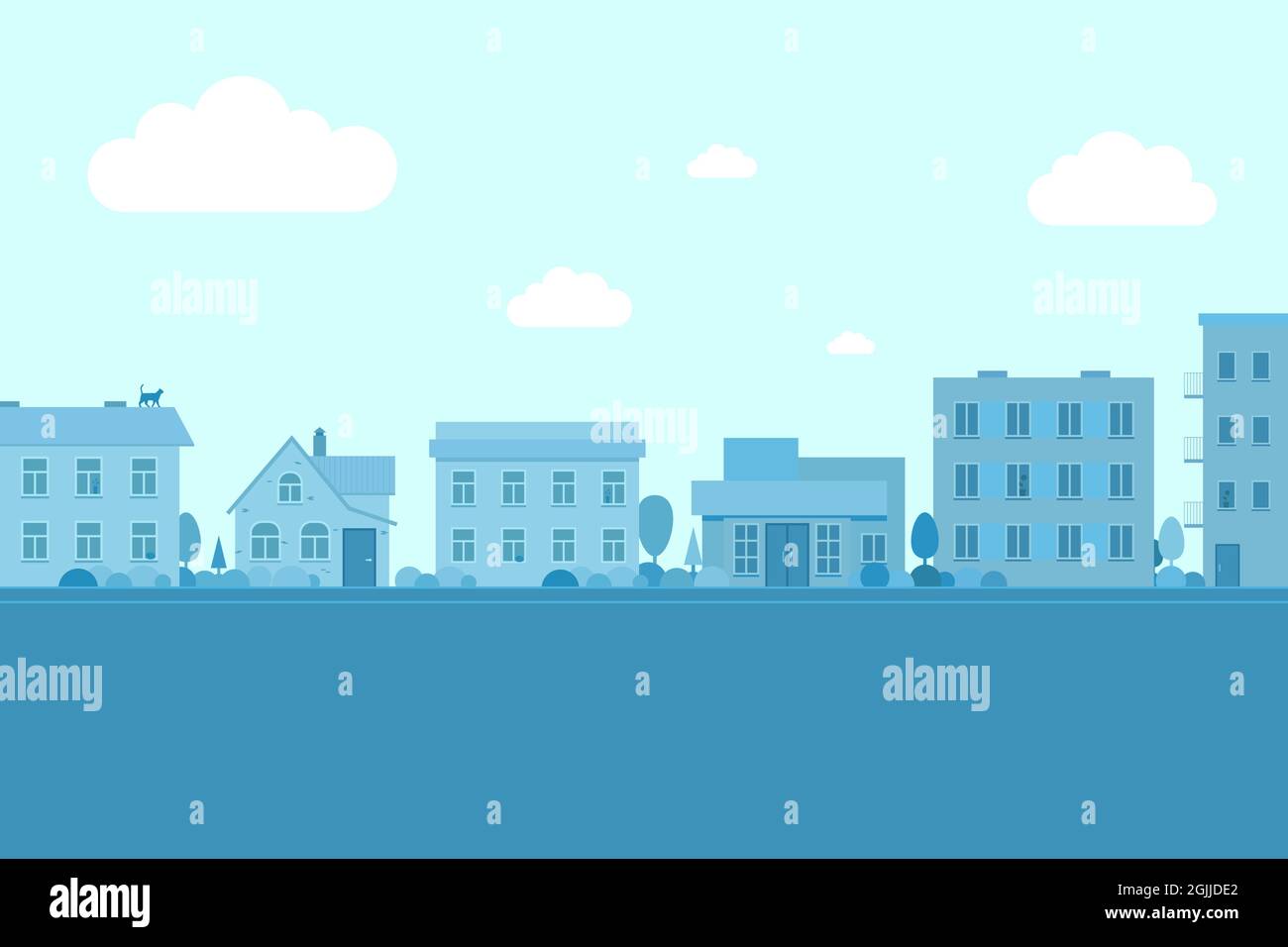 Town street with buildings. City landscape road and low-rise houses in ...