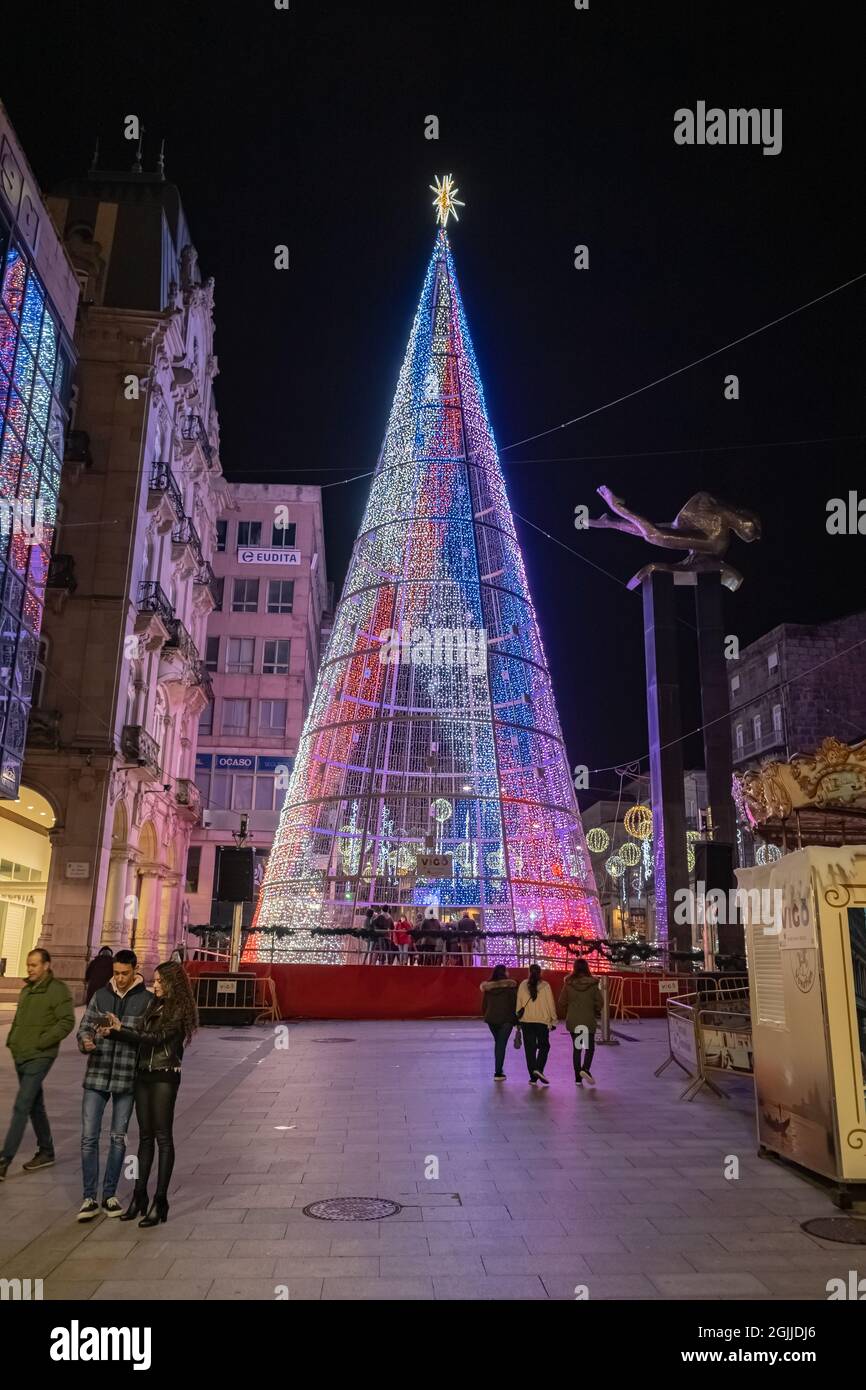 VIGO, SPAIN - Dec 10, 2019: Christmas tree formed with led lights ...