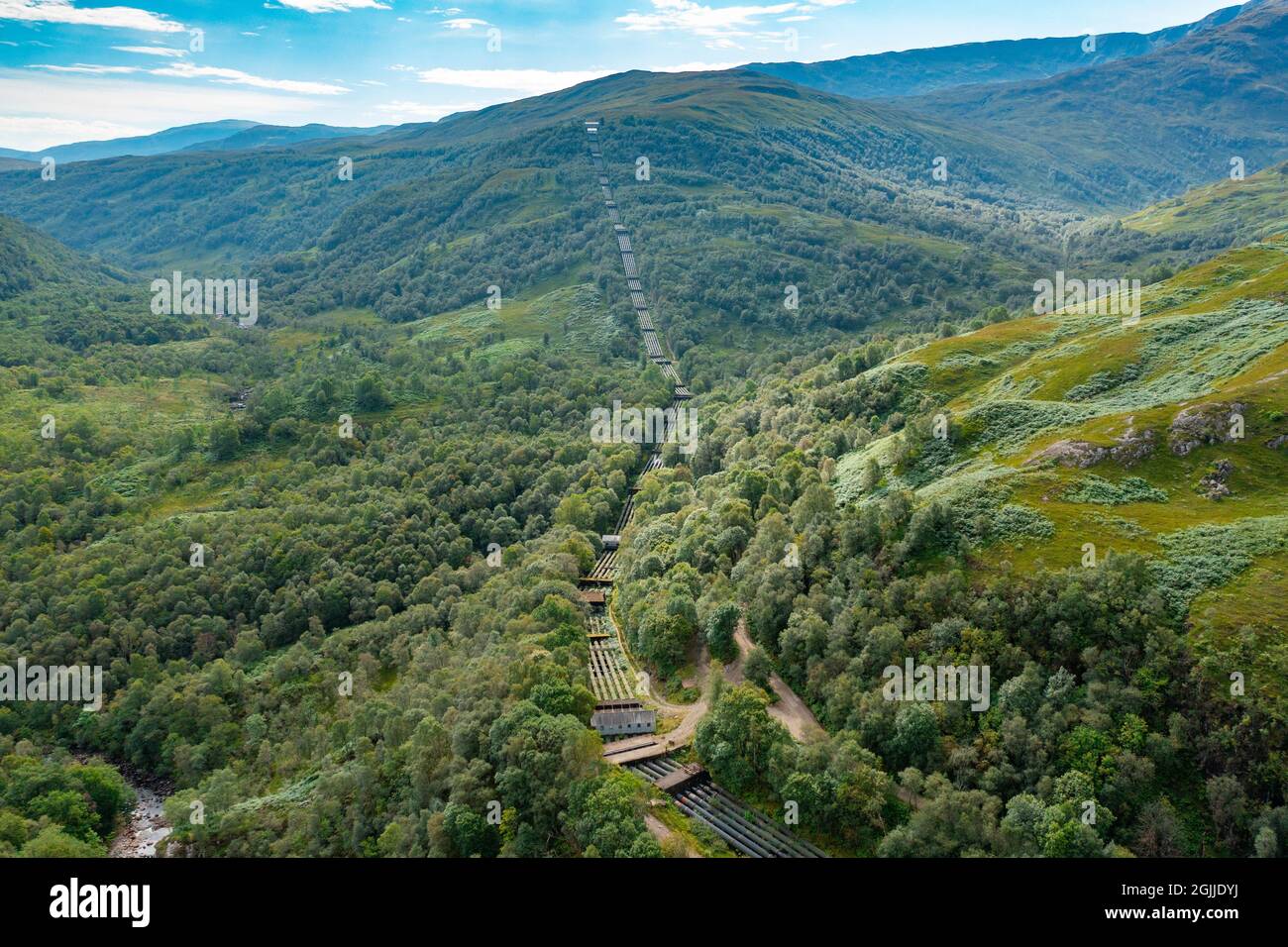 Aerial view from drone of hydro electric water pipelines from ...