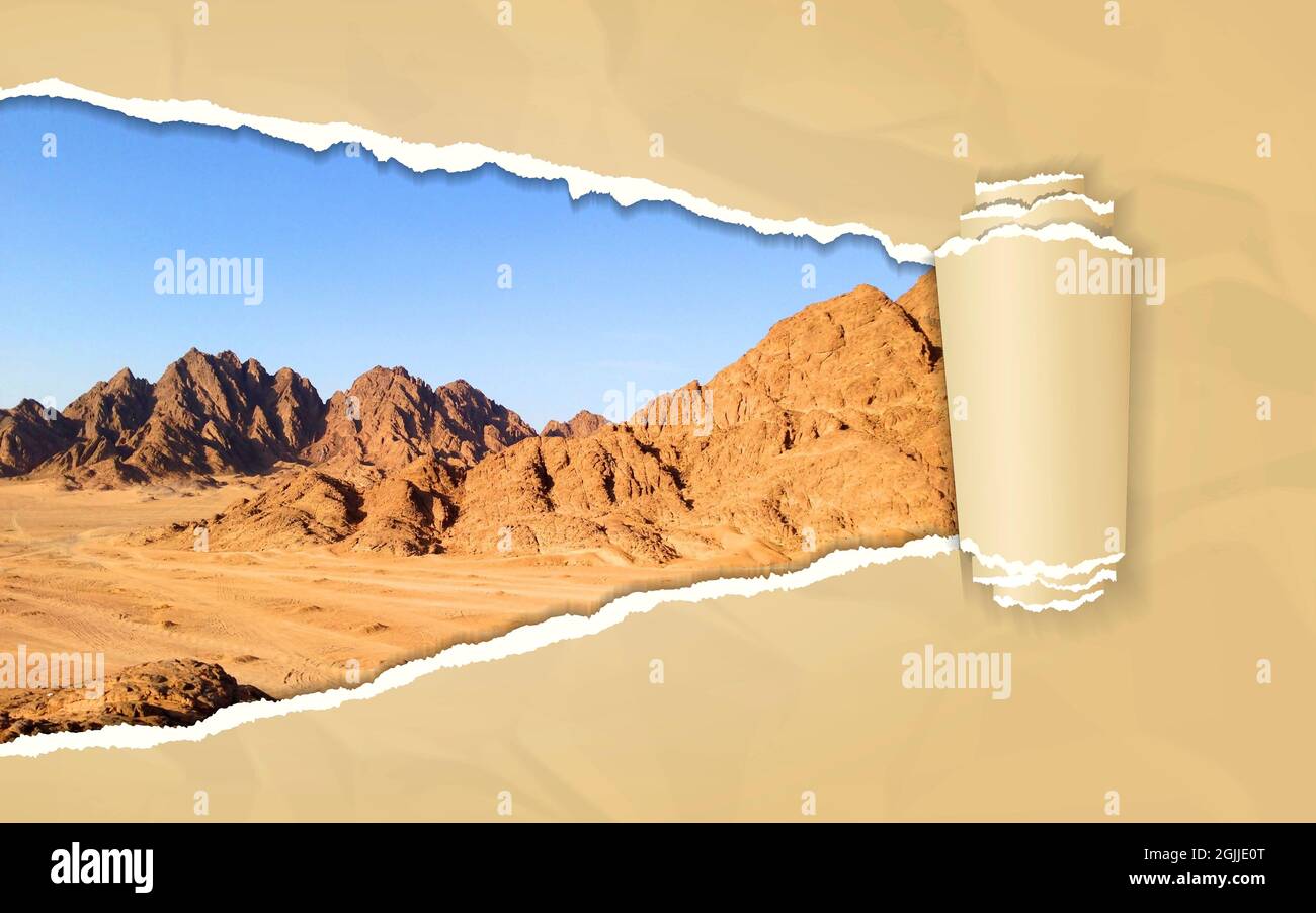 Torn paper with mountain landscape in opening background Stock Photo ...