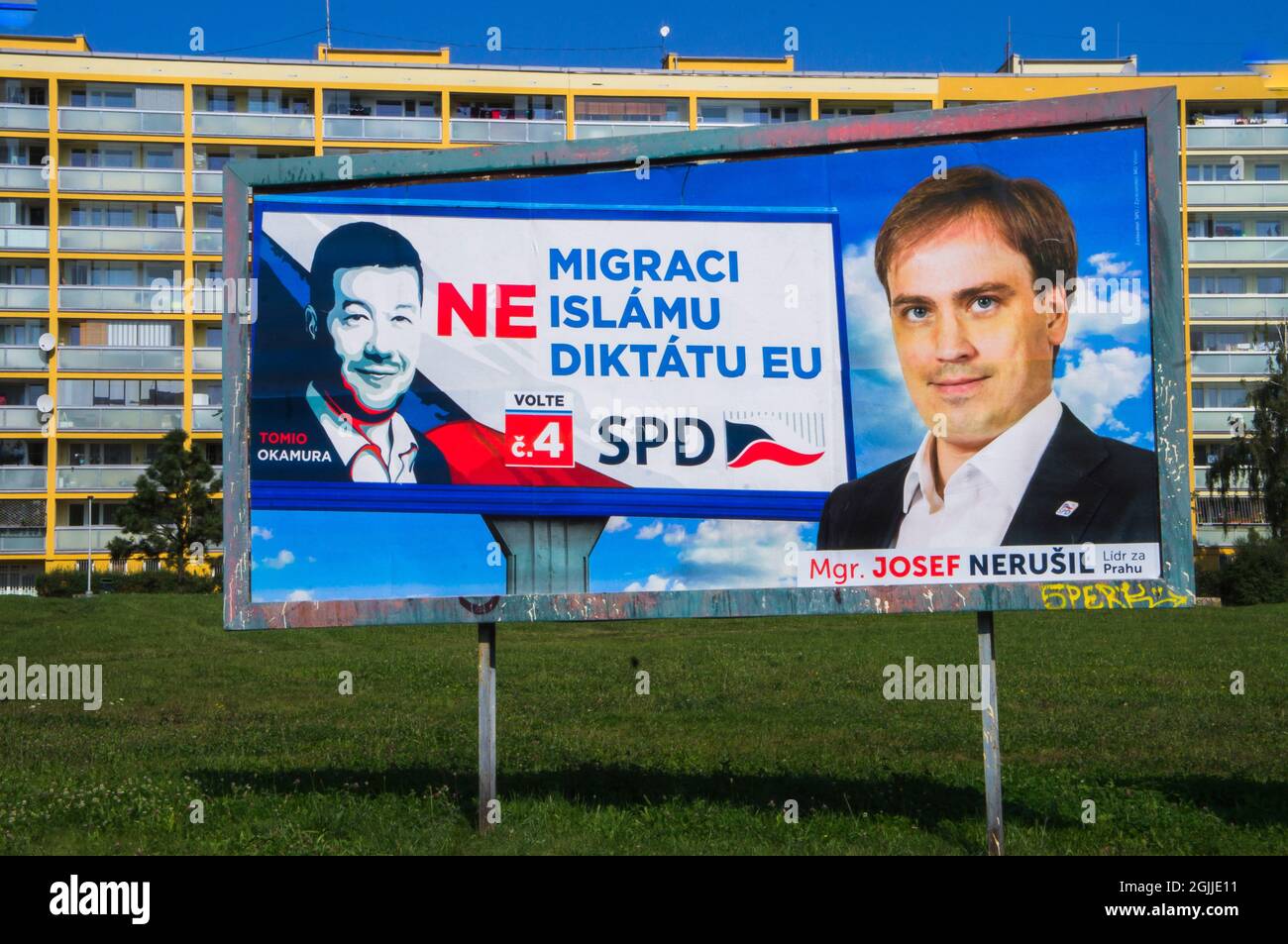 Billboard of SPD (Freedom and Direct Democracy), Tomio Okamura, left ...