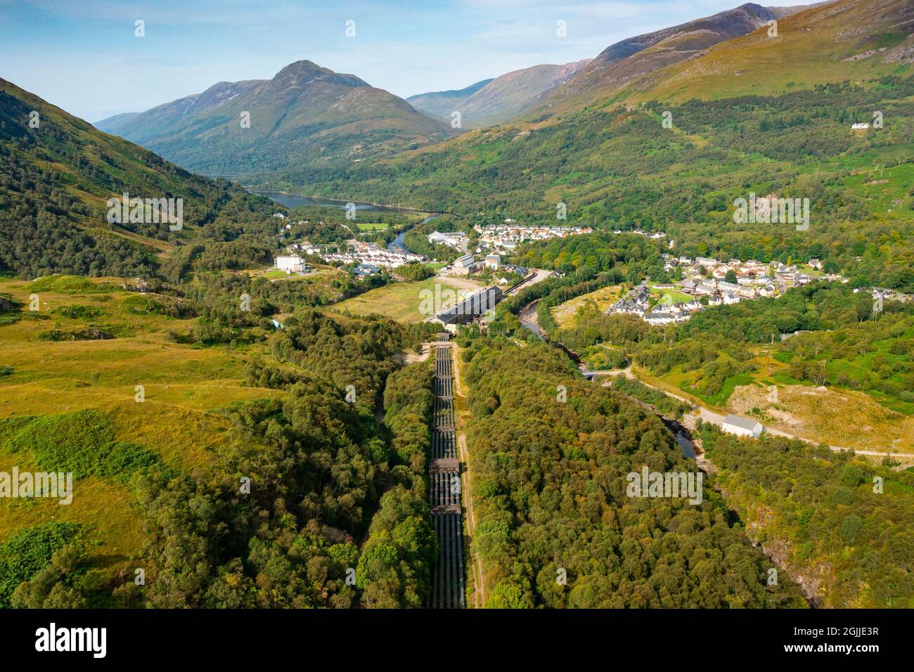 Aerial view from drone of villages of Kinlochleven left and Kinlochmore ...